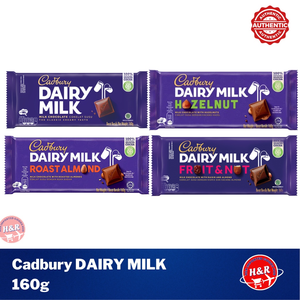 Cadbury DAIRY MILK Chocolate Bar 160G Classic/ Roast Almond/ Hazelnut ...