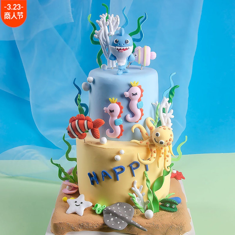 Soft glue Ocean Theme Cake Topper Handmake Shark Shell Cake Decoration ...