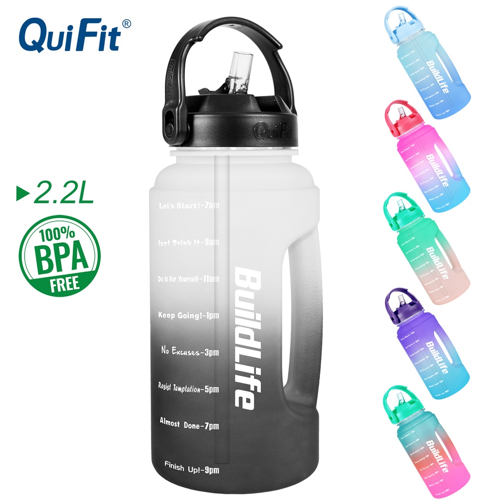 QuiFit 2.2L Wide Mouth Water Plastic Bottle BPA Free Motivational With Straw Easy Clean for ...