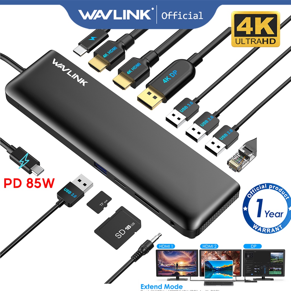 Wavlink 12 In 1 Usb C Triple Display Docking Station Support 85w Charging 4k 60hz With Gigabit