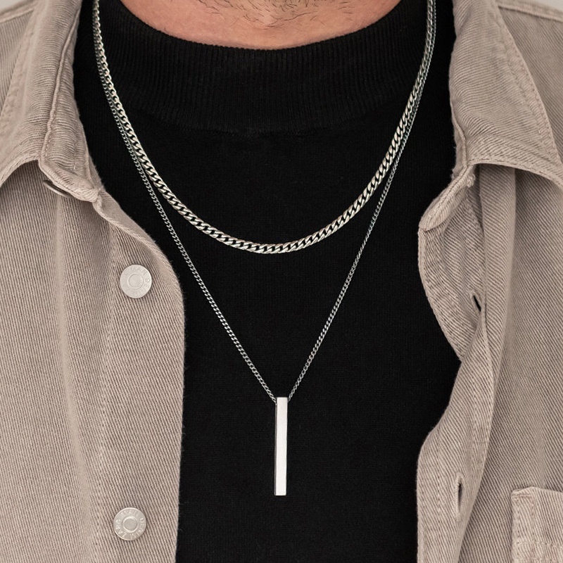 Simple Layered Necklace for Men Rectangle Pendant Cuban Chain Rope ...
