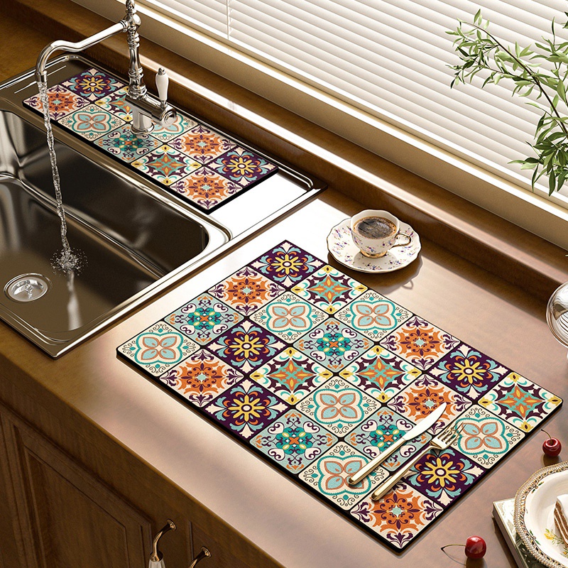 Kitchen Counter Absorbent Draining Pad Retro Placemat Flower Pattern ...