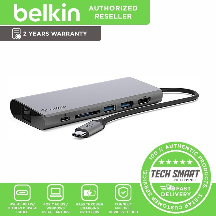 Belkin USB-C Hub with Tethered USB-C Cable (USB-C Dock for MacOS and ...
