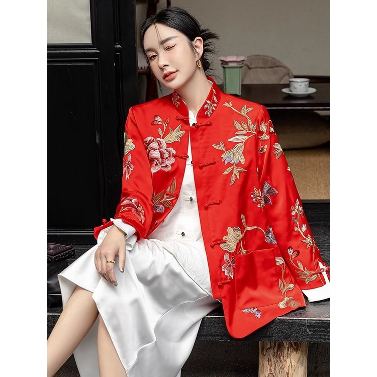 Red haute couture new style buttoned acetic acid jacket for women's ...