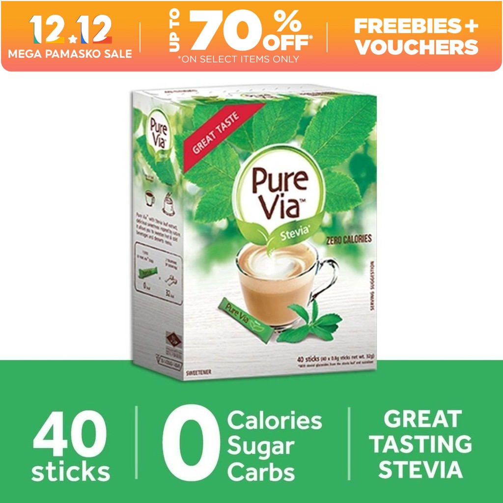Pure Via Stevia Zero Calorie Sweetener 40 Sticks - 1 Box (Stevia ...