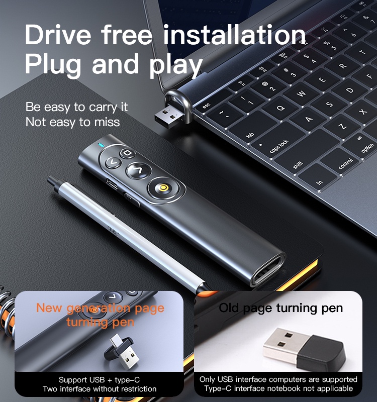 Wireless Presenter Pen Rechargable 2.4Ghz USB C Adapter Handheld Remote ...