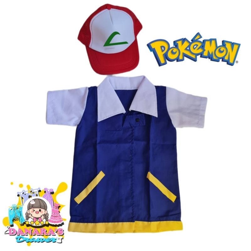 ASH CHARACTER POKEMON COSTUME TRAINOR PIKACHU CAP+POLO TOPS | Shopee ...