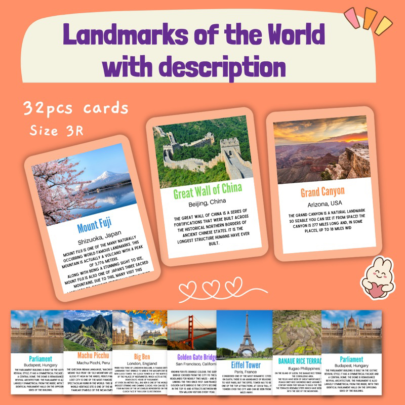famous landmarks of the world 30 pcs educational laminated flash cards ...