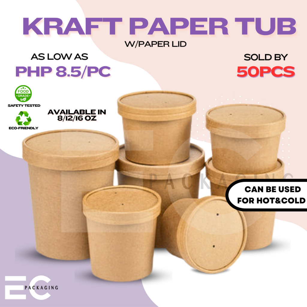 [EC] 50Pcs Kraft Paper Tubs W/ Lid Ice Cream Tub Soup Tub Bowl Takeout ...