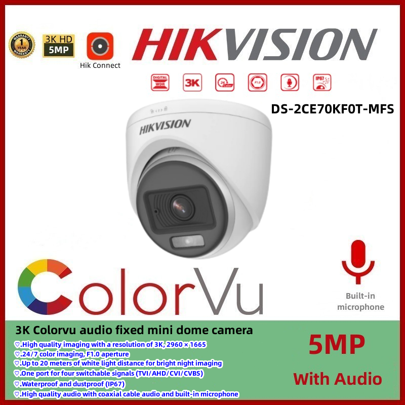 Hikvision 3K 5MP Full ColorVu Audio Fixed Turret Camera Water and dust ...