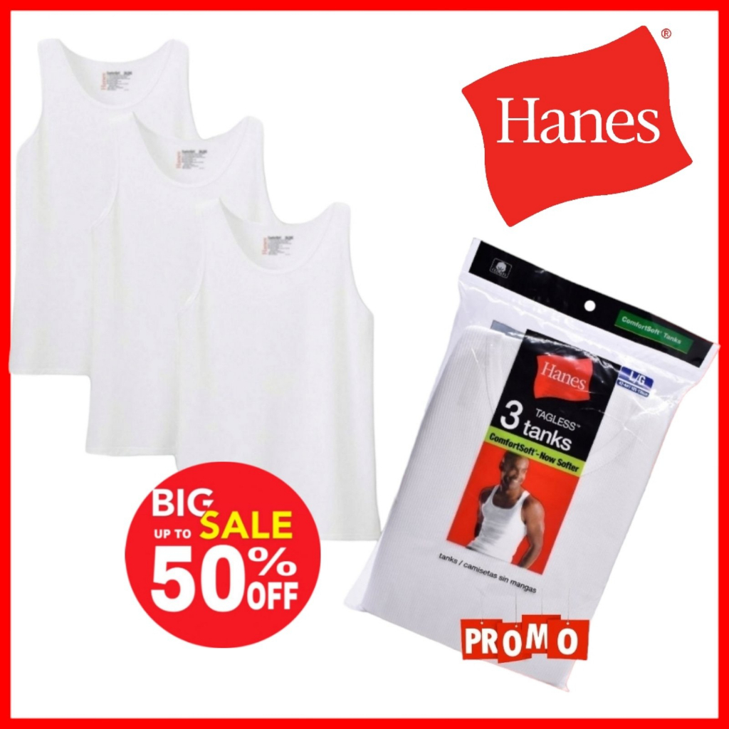 Hanes 3Pcs Men's White cotton sando in stretchable material for casual ...