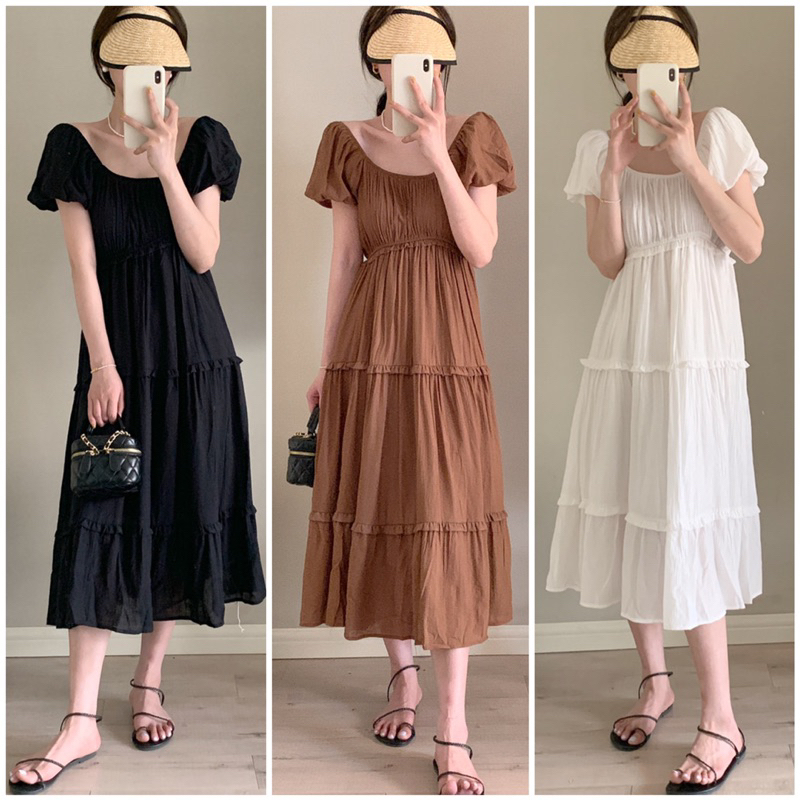 23027 Korean Plain Layer Puff Sleeve Dress | Shopee Singapore