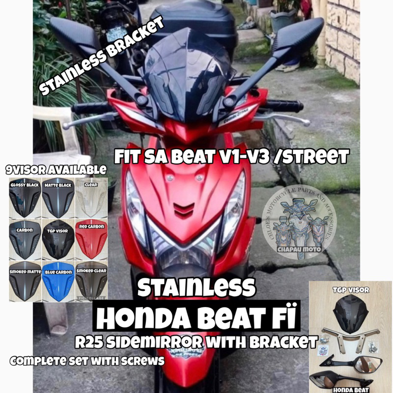 Honda Beat Fi V1-V3 STAINLESS Side mirror bracket and visor set ...