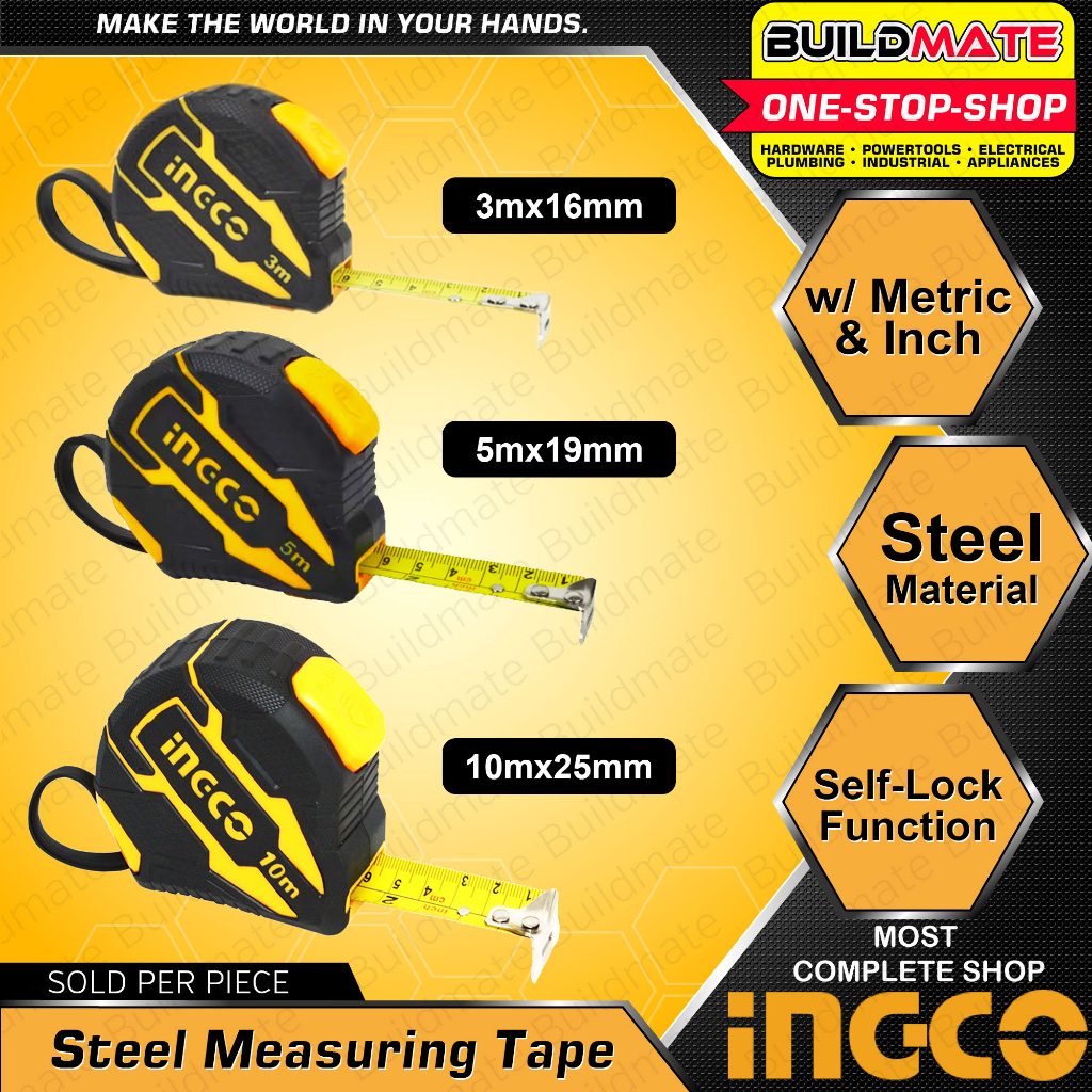 BUILDMATE Ingco Self Locking Steel Measuring Tape Measure 5M | 3M | 10M Tape Measure Dual Ruler ...