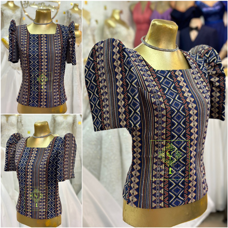 Modern Filipiniana top Ethnic inabel fabric woven blue | Shopee Singapore