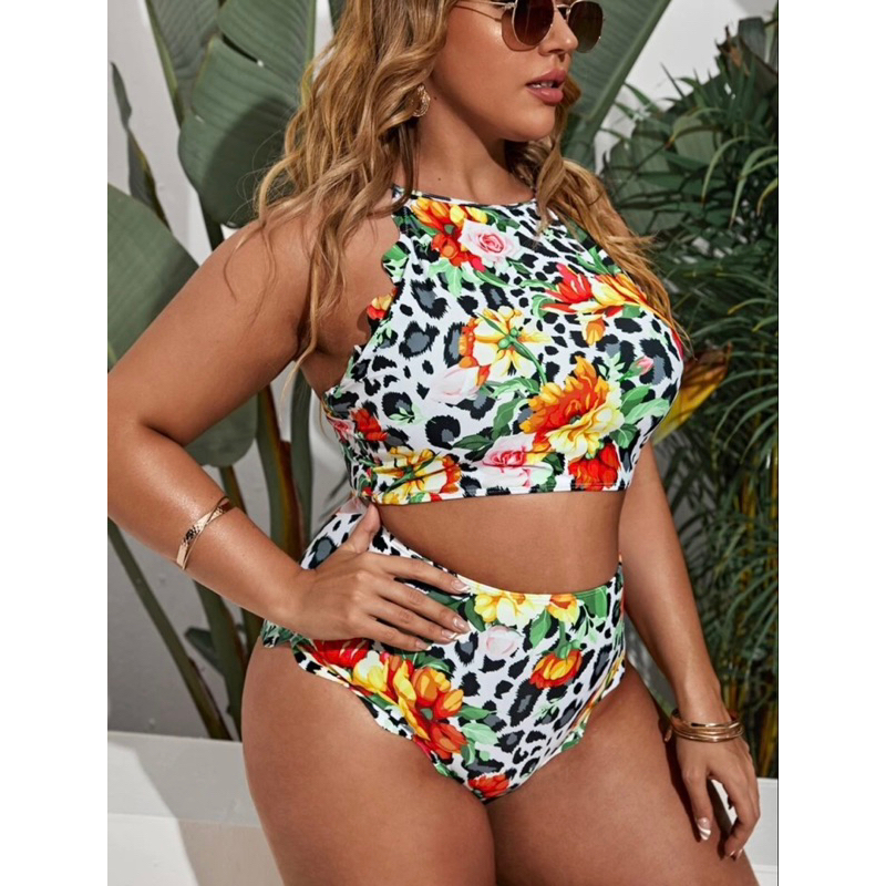 Plus Size Two Piece Swimsuit Bikini Se Scallop Floral Print 4XL | Shopee Singapore