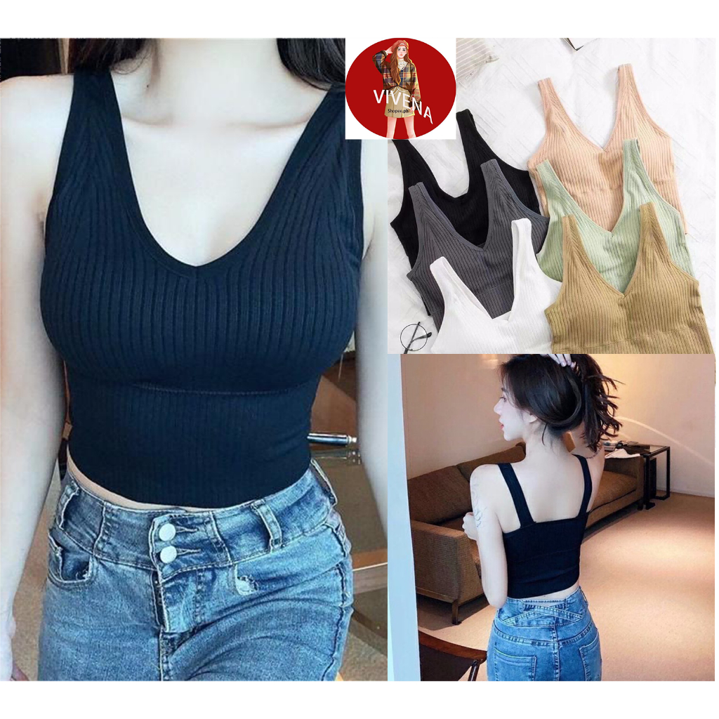 Korean Style Rib Knit Sando Crop Top Smocked Back Padded Outwear On The ...