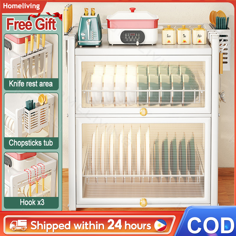 Kitchen Cabinet Dish Rack Shelf 3 Tiers With Door And Drainer Dish Rack ...