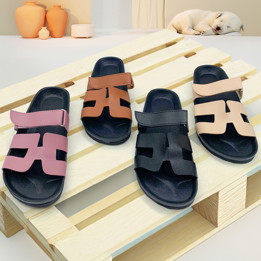 R&A859 Flat Black Footbed H-Toe Strap with Velcro Vamp Strap EVA Slides ...