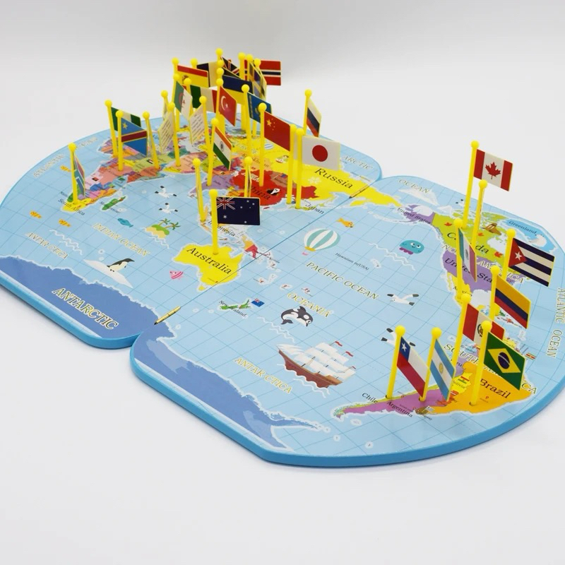 Big Wooden Map of The World National Flags educational toy set for kids ...