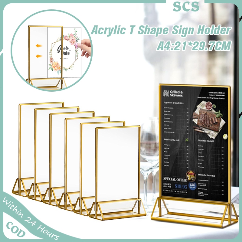 A4 Acrylic Sign Holder with Gold Borders,Clear Display Stand Menu ...