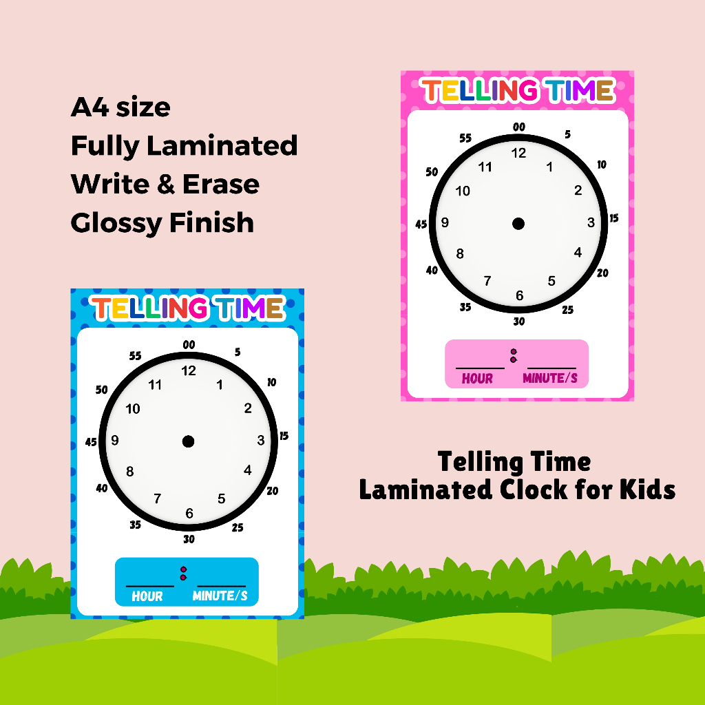 Telling Time A4 Laminated Clock Chart For Kids, Students, School, etc ...