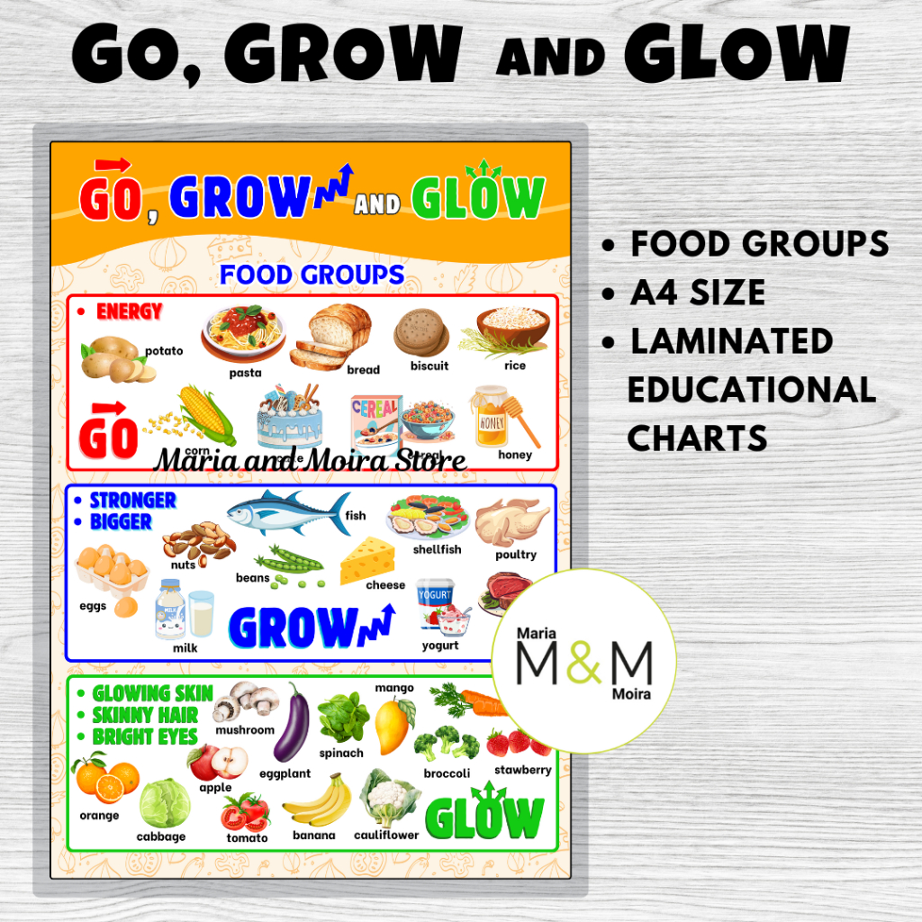 GO, GROW AND GLOW CHARTS | A4 SIZE | LAMINATED EDUCATIONAL FOOD GROUPS ...