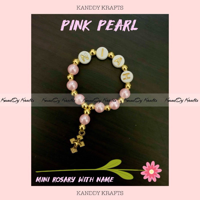 PINK PEARL••Mini Pocket Rosary with Name•• (min.15pcs)DIY souvenirs for ...