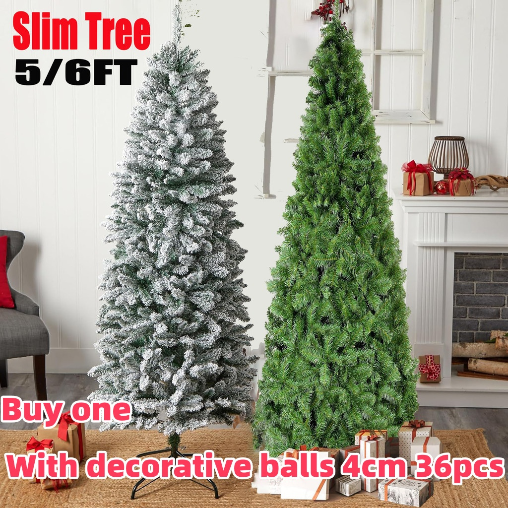 Christmas Slim Tree 5/6/7/8FT Pointed Snow/Green Artificial Xmas Tree ...