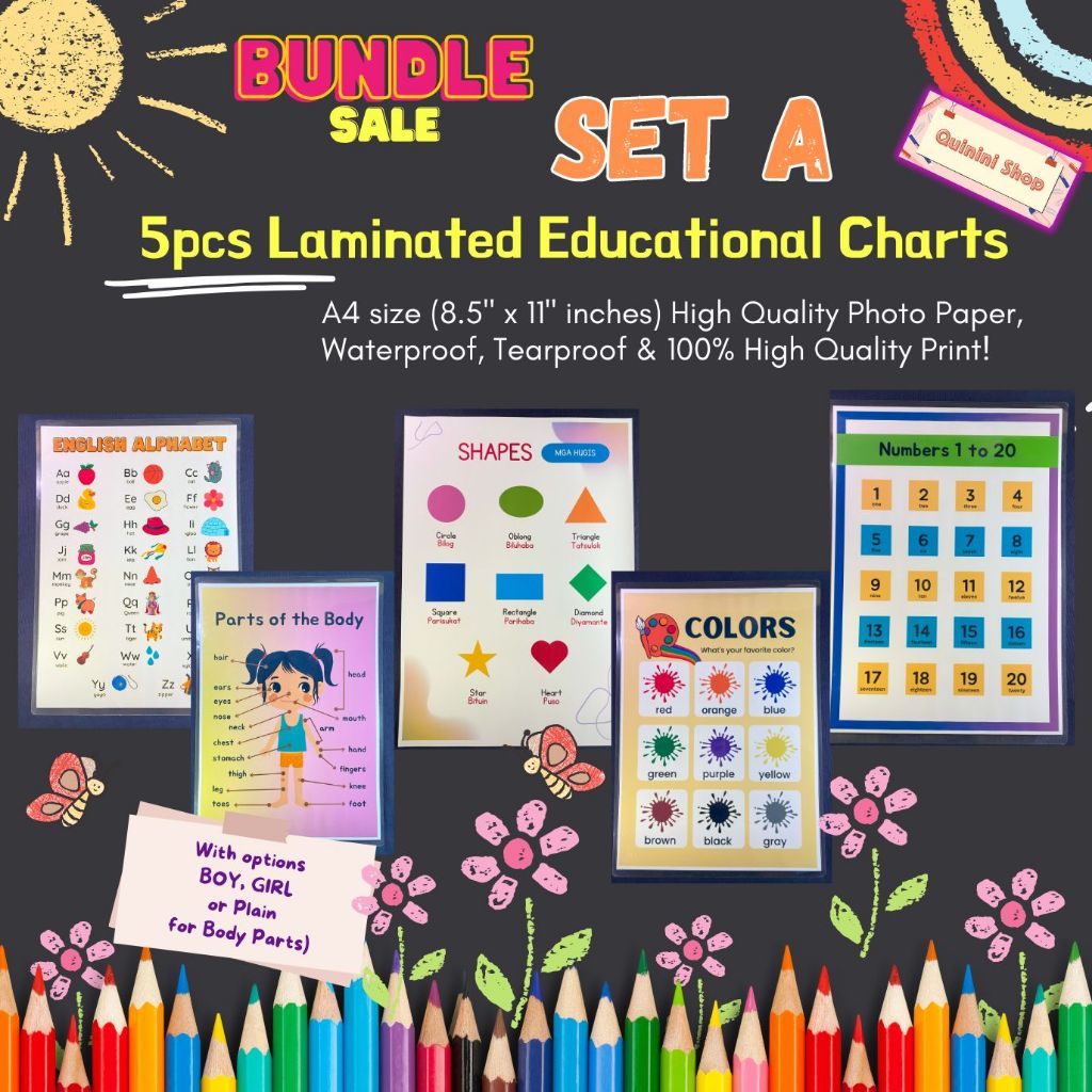 5pcs 10pcs Bundle Laminated Educational Charts A4 Size Alphabet Numbers ...