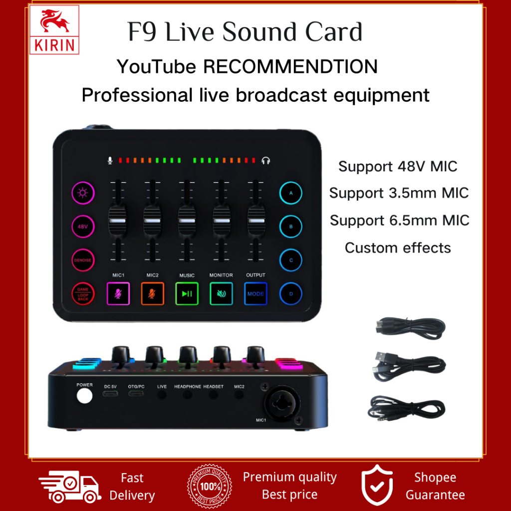 KIRIN 2024 NEW F9 All In One Audio Mixer RGB Microphone Monitor ...
