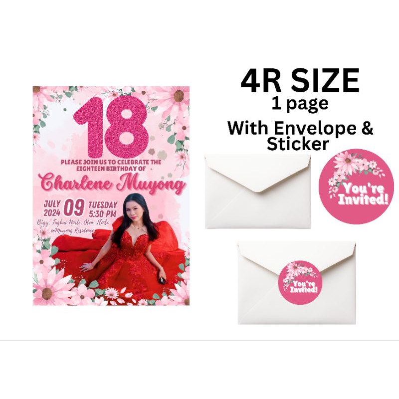 18th Birthday Invitation Card with envelope & sticker ( FREE LAYOUT for ...