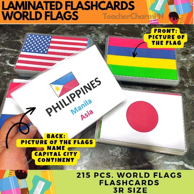 Big Size WORLD FLAGS Flash cards backtoback print Complete 215 pcs ...