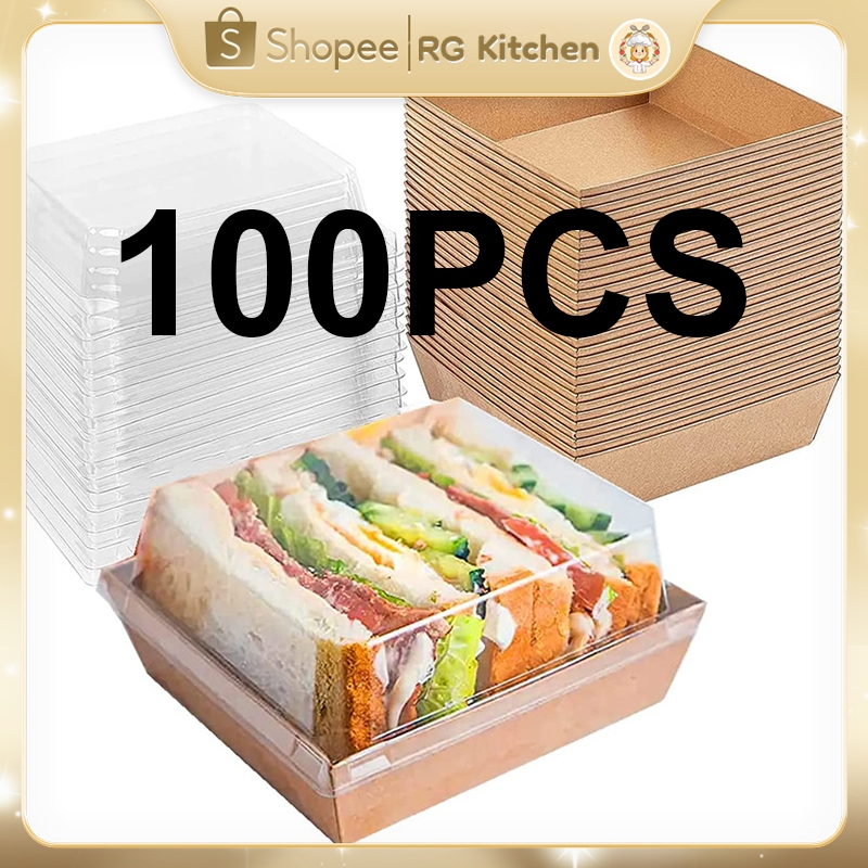 100PCS Kraft Sushi Tray Sandwich Box Pastry Dessert Box Sandwich Clear ...