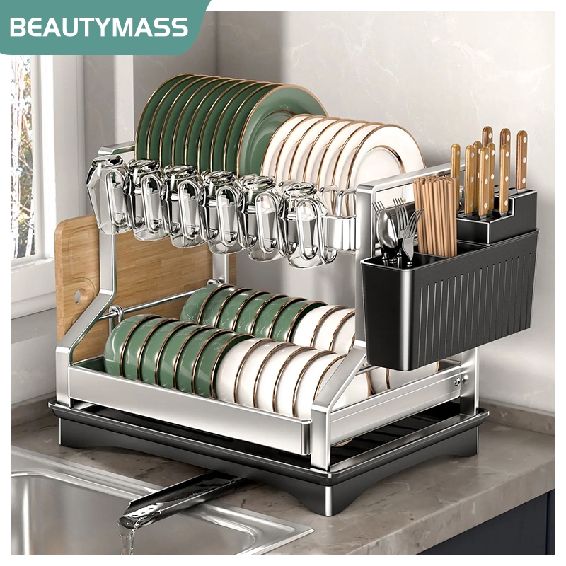 BTY 2 Layer Stainless Steel Dish Drainer Rack Plate Organizer Kitchen ...