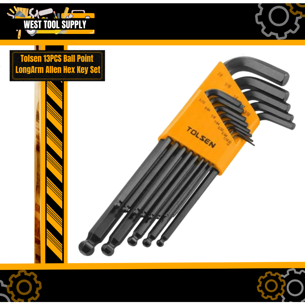 Tolsen 13PCS Ball Point Long Arm Allen Hex Key Set (Inches) Black ...