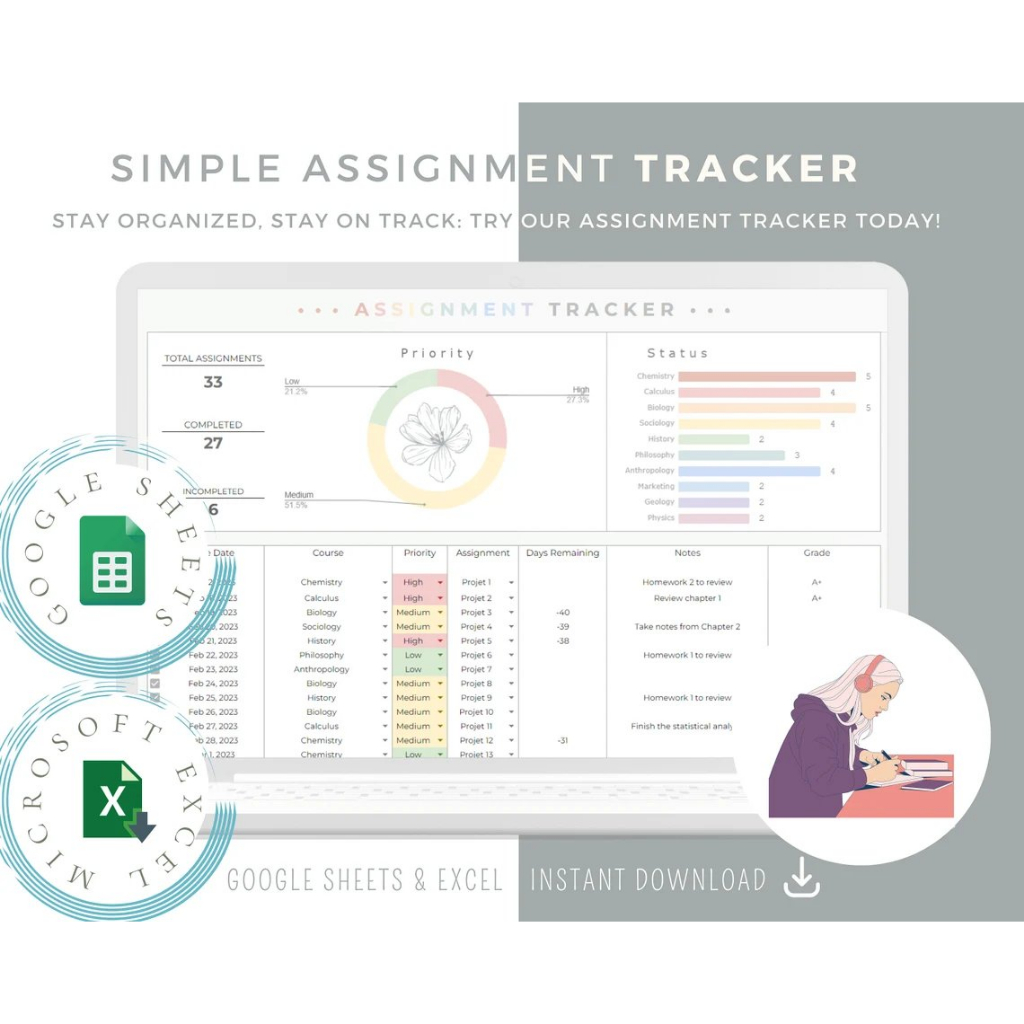 Assignment Tracker Google Sheets and Excel Spreadsheet Template ...