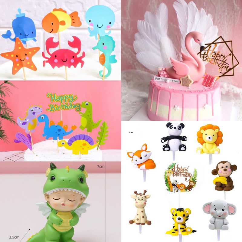 Safari animals cake topper fox monkey tiger lion panda giraffe flamingo ...