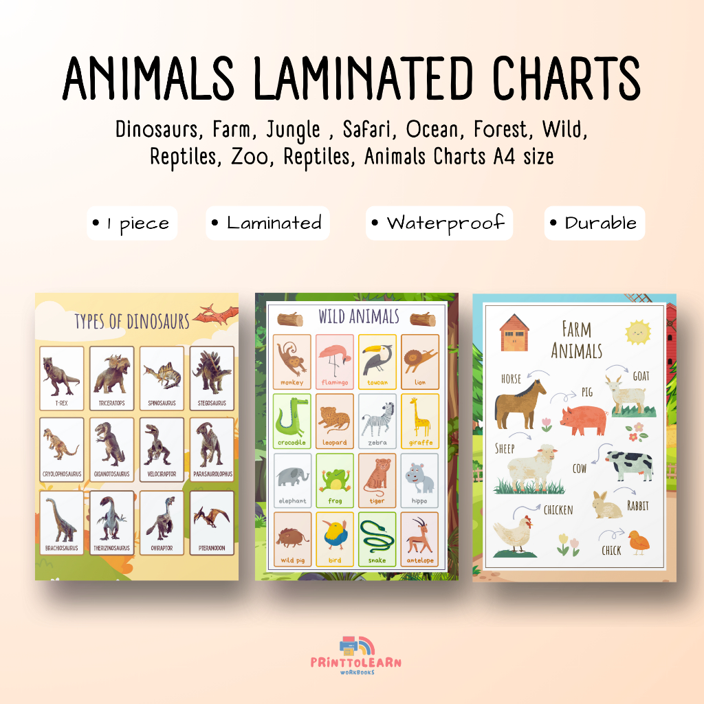 Animals Charts Dinosaurs, Farm, Jungle , Safari, Ocean, Wild, Zoo ...