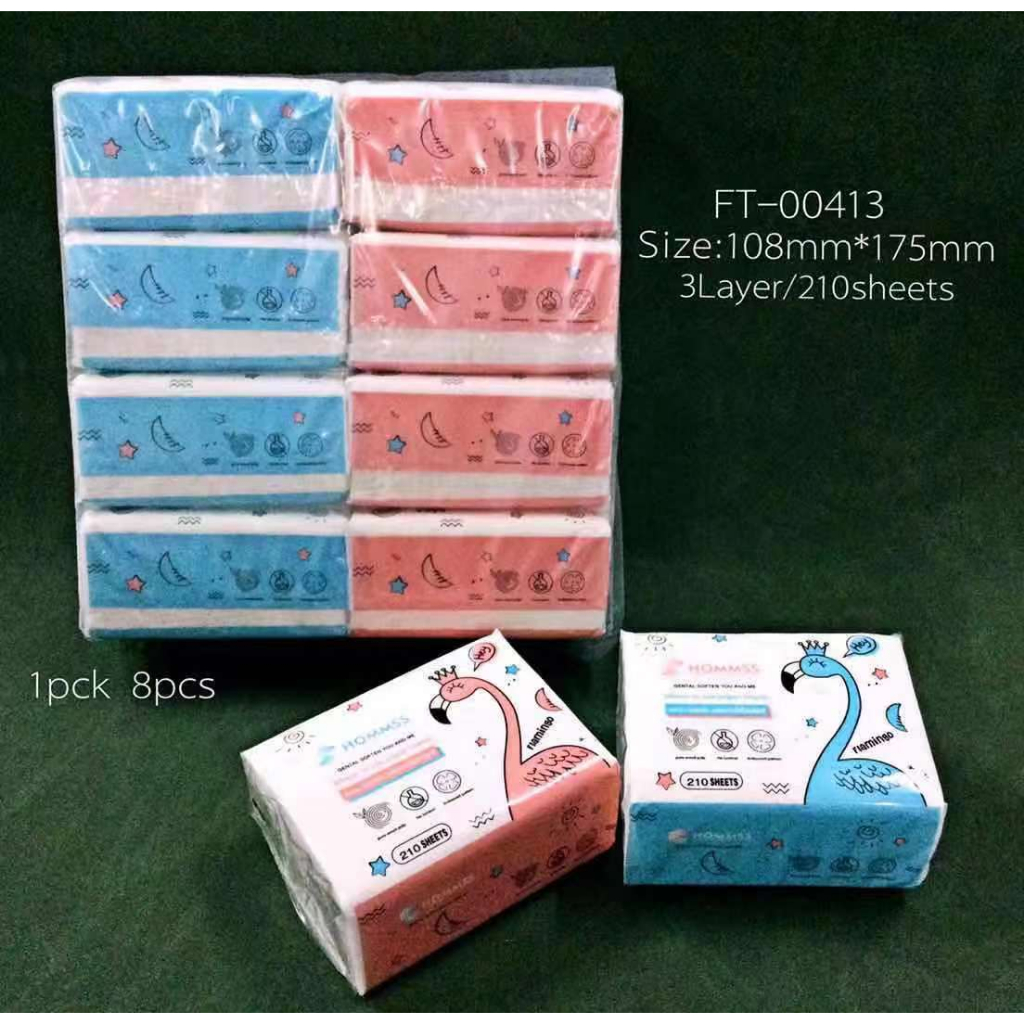 8 packs Hommss Blue/pink facial tissue/paper tissue 3ply 210 sheets per ...