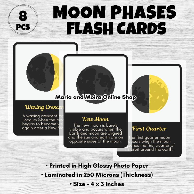 MOON PHASES FLASH CARDS • Laminated Educational Flashcards for Kids ...
