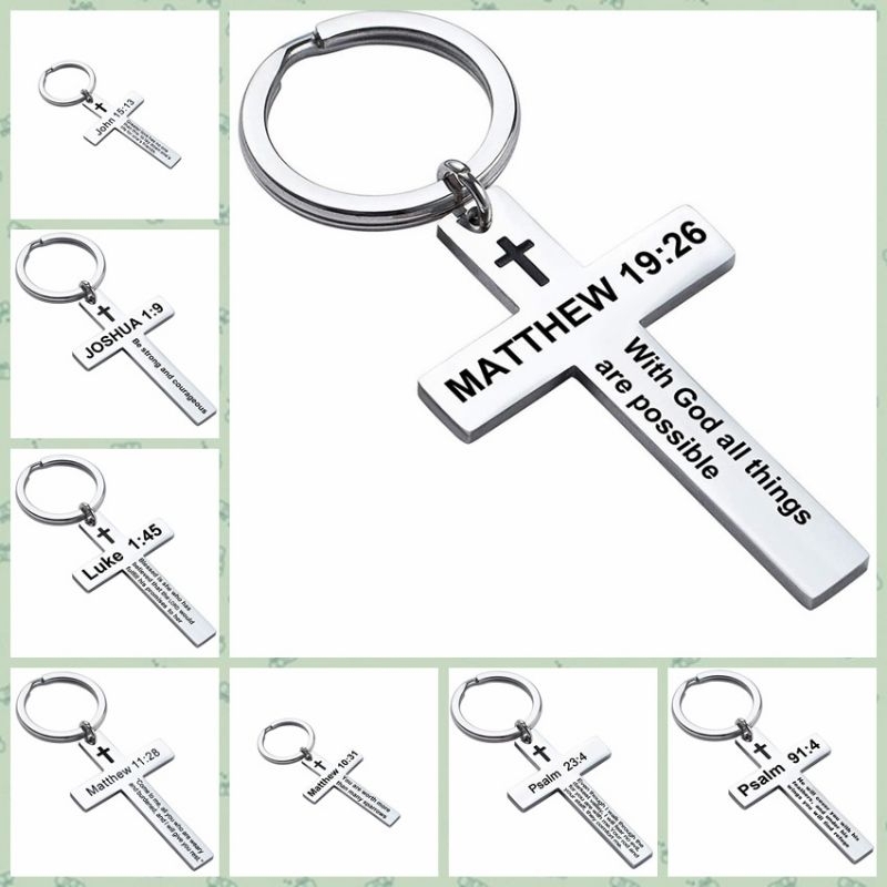 Engraved Cross Keychains Stainless Steel Bible verse Key Rings Bible ...