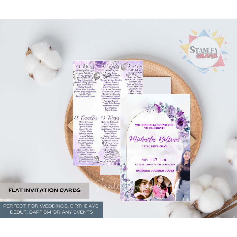 SGRAPIX PURPLE FLORAL GOLD THEME DEBUT INVITATION CARDS | 4R SIZES ...