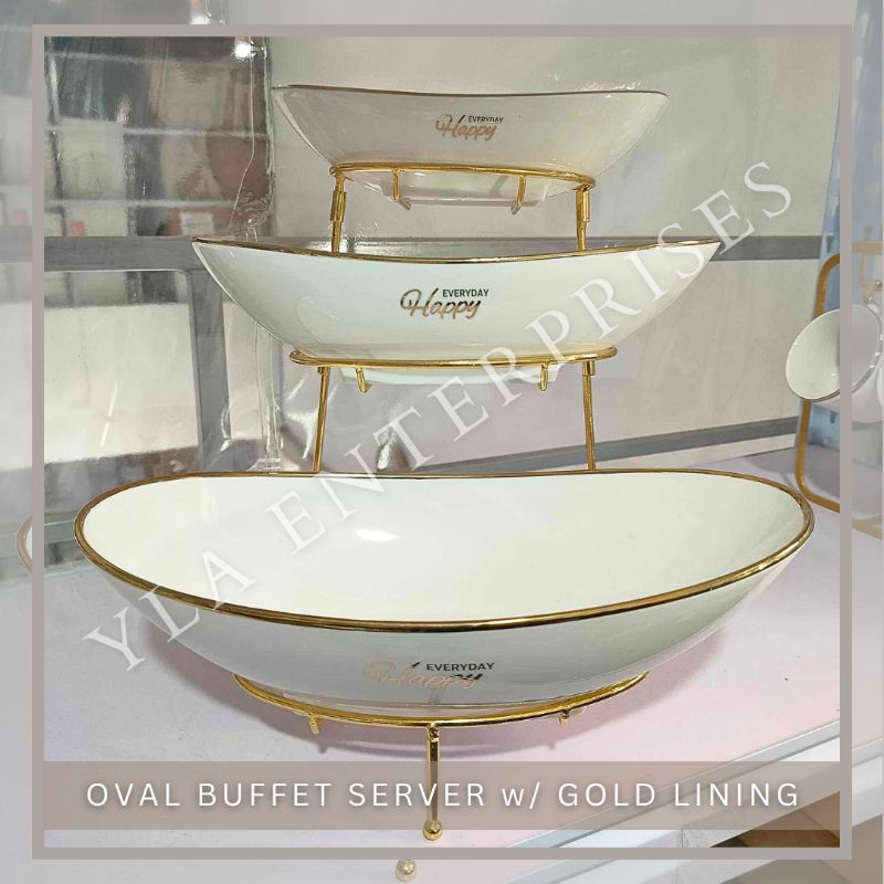 YLA - OVAL w/ GOLD LINING 3-TIER BUFFET SERVEWARE FOR BUFFET / GRAZING ...