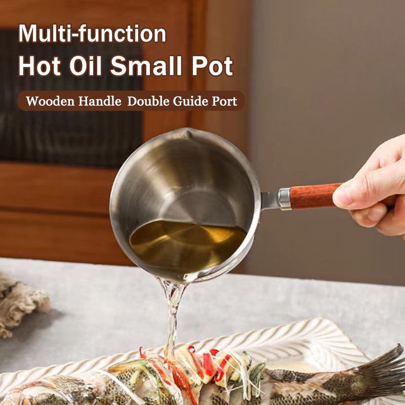 304 Stainless Steel Hot Oil Small Pot Oil Pan Wooden Handle Milk ...
