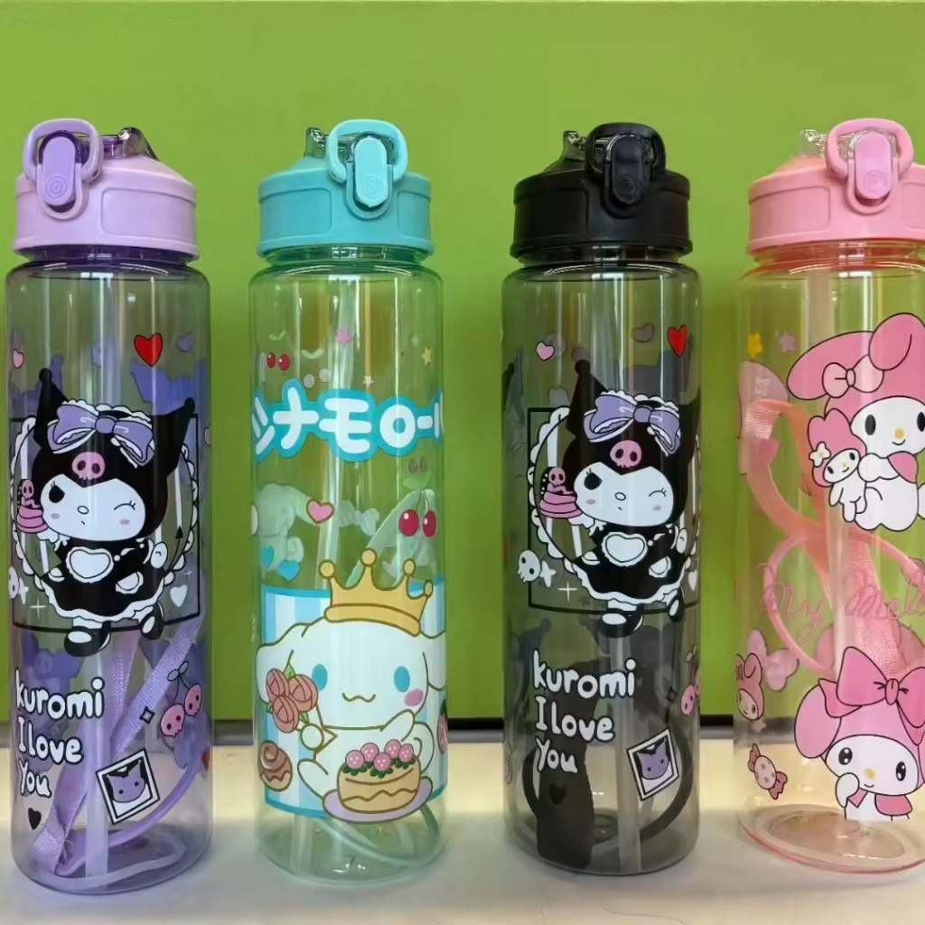 Kawaii Sanrio Cartoon Water Bottle Large Capacity Children's Plastic Straw Cups Day Water Cup ...