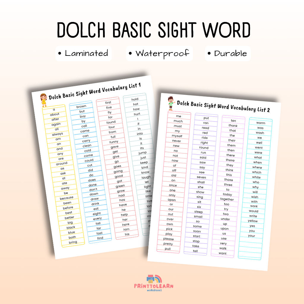 Dolch Sight Words List Reading Charts- laminated (A4 size) | Shopee ...