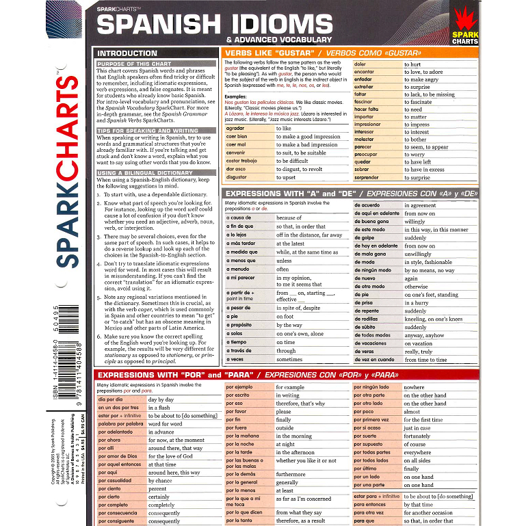 Spanish Idioms and Advance Vocabulary (Cheat Sheet) - Laminated ...