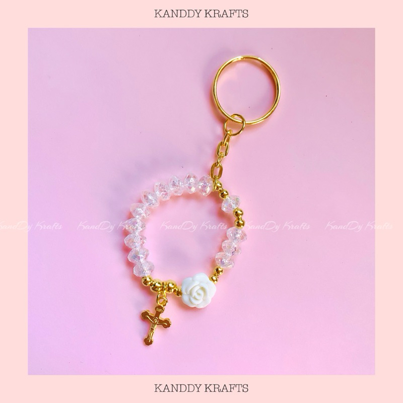 WHITE FLOWER Mini Rosary Bracelet/Keychain ••Baptismal••Christening ...