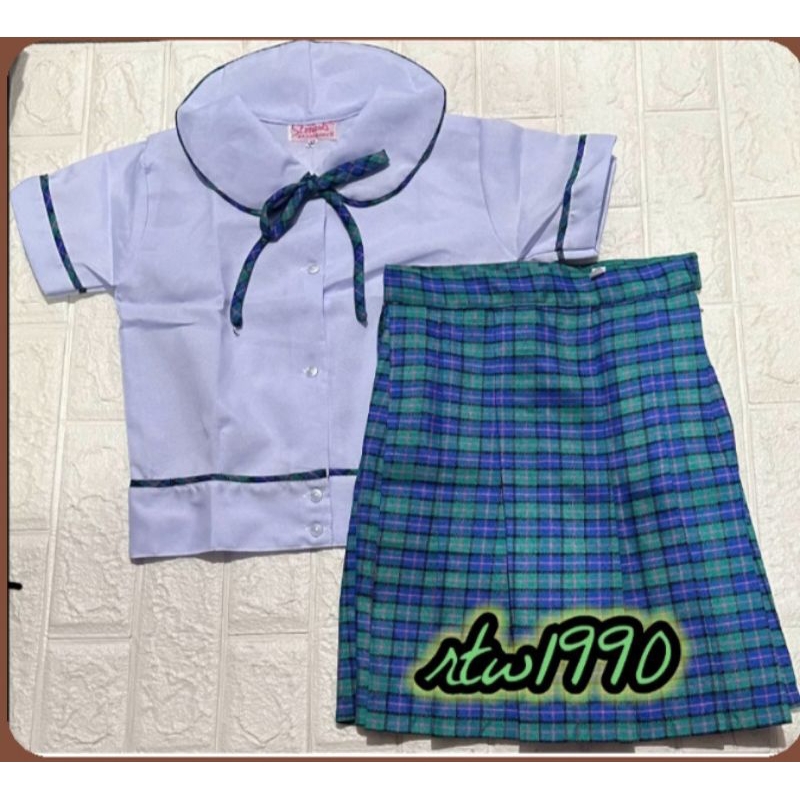 Good Quality School uniform SET blouse skirt checkered blue green with ...
